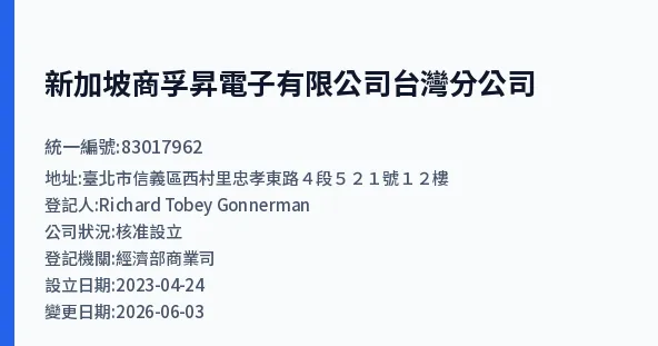 新加坡商孚昇電子有限公司台灣分公司的照片-統編 83017962(臺北市) 公司登記資料與營業項目詳細圖表