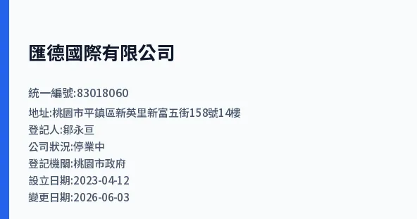 匯德國際有限公司的照片-統編 83018060(桃園市) 公司登記資料與營業項目詳細圖表