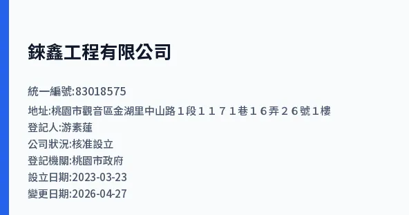 錸鑫工程有限公司的照片-統編 83018575(桃園市) 公司登記資料與營業項目詳細圖表