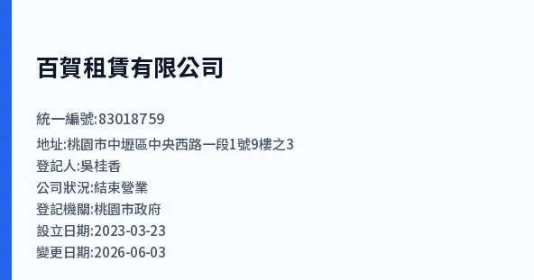 百賀租賃有限公司的照片-統編 83018759(桃園市) 公司登記資料與營業項目詳細圖表