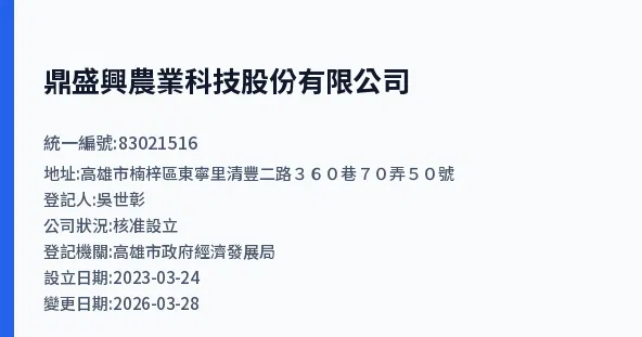 鼎盛興農業科技股份有限公司的照片-統編 83021516(高雄市) 公司登記資料與營業項目詳細圖表