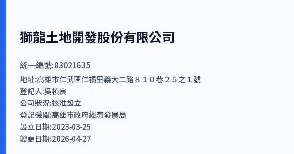 獅龍土地開發股份有限公司的照片-統編 83021635(高雄市) 公司登記資料與營業項目詳細圖表