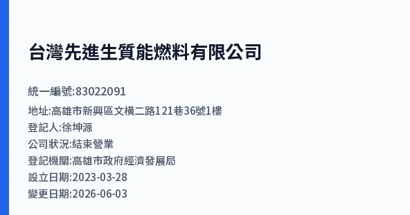 台灣先進生質能燃料有限公司的照片-統編 83022091(高雄市) 公司登記資料與營業項目詳細圖表