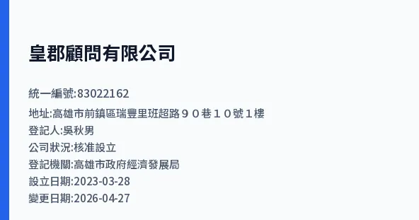 皇郡顧問有限公司的照片-統編 83022162(高雄市) 公司登記資料與營業項目詳細圖表