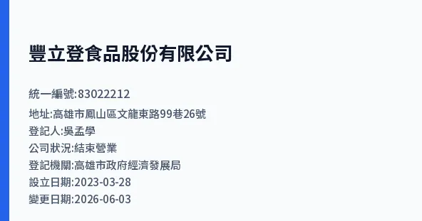 豐立登食品股份有限公司的照片-統編 83022212(高雄市) 公司登記資料與營業項目詳細圖表