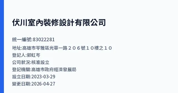 伏川室內裝修設計有限公司的照片-統編 83022281(高雄市) 公司登記資料與營業項目詳細圖表