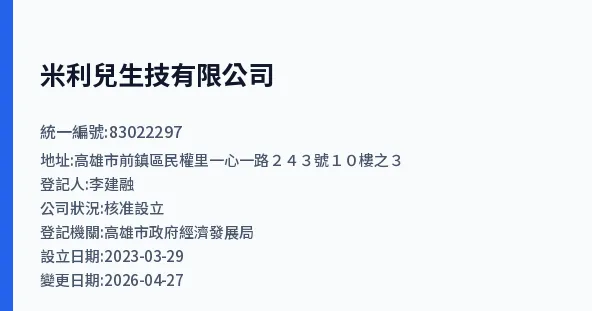 米利兒生技有限公司的照片-統編 83022297(高雄市) 公司登記資料與營業項目詳細圖表
