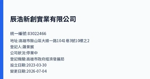 辰浩新創實業有限公司的照片-統編 83022466(高雄市) 公司登記資料與營業項目詳細圖表