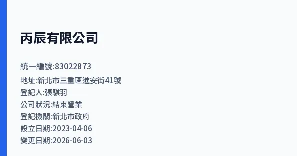 丙辰有限公司的照片-統編 83022873(新北市) 公司登記資料與營業項目詳細圖表