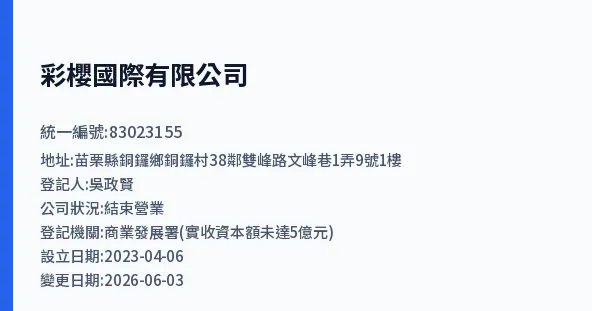 彩櫻國際有限公司的照片-統編 83023155(苗栗縣) 公司登記資料與營業項目詳細圖表