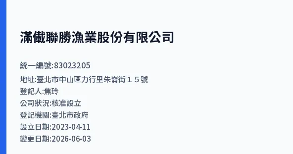 滿儎聯勝漁業股份有限公司的照片-統編 83023205(臺北市) 公司登記資料與營業項目詳細圖表