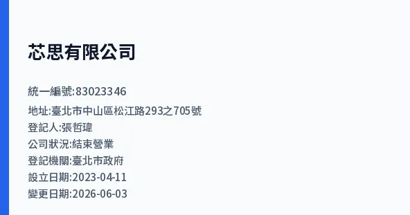 芯思有限公司的照片-統編 83023346(臺北市) 公司登記資料與營業項目詳細圖表
