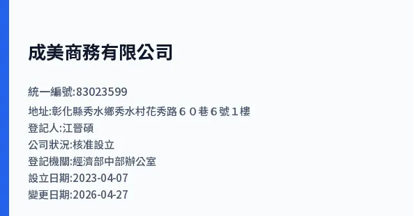 成美商務有限公司的照片-統編 83023599(彰化縣) 公司登記資料與營業項目詳細圖表