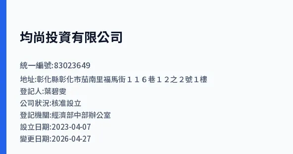 均尚投資有限公司的照片-統編 83023649(彰化縣) 公司登記資料與營業項目詳細圖表
