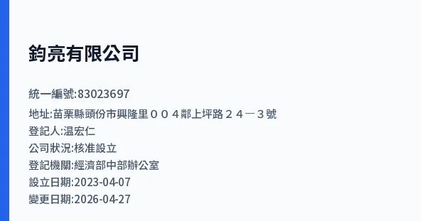 鈞亮有限公司的照片-統編 83023697(苗栗縣) 公司登記資料與營業項目詳細圖表