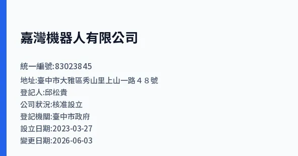 嘉灣機器人有限公司的照片-統編 83023845(臺中市) 公司登記資料與營業項目詳細圖表