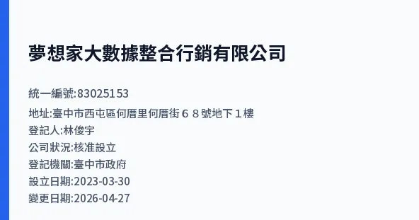 夢想家大數據整合行銷有限公司的照片-統編 83025153(臺中市) 公司登記資料與營業項目詳細圖表