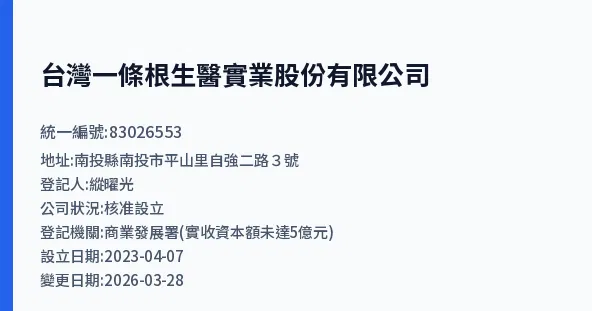 台灣一條根生醫實業股份有限公司的照片-統編 83026553(南投縣) 公司登記資料與營業項目詳細圖表
