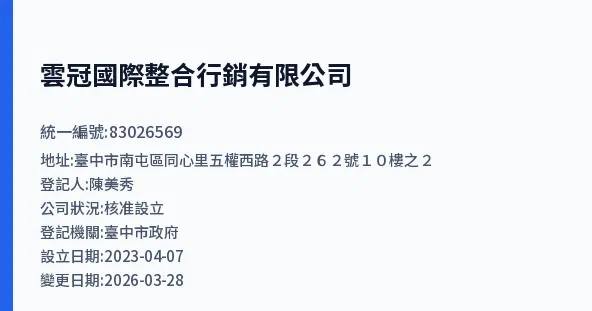 雲冠國際整合行銷有限公司的照片-統編 83026569(臺中市) 公司登記資料與營業項目詳細圖表