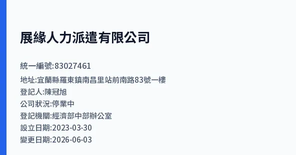 展緣人力派遣有限公司的照片-統編 83027461(宜蘭縣) 公司登記資料與營業項目詳細圖表