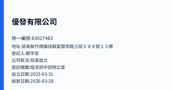 優發有限公司的照片-統編 83027482(苗栗縣) 公司登記資料與營業項目詳細圖表