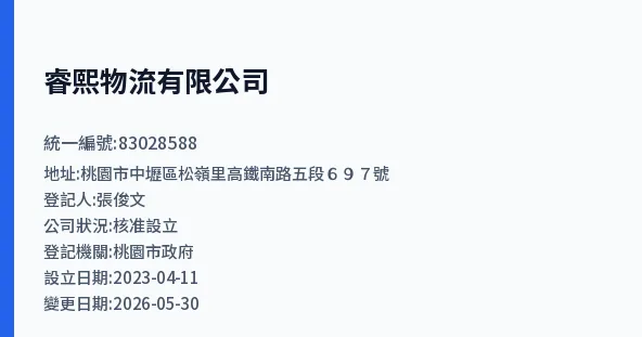 睿熙物流有限公司的照片-統編 83028588(桃園市) 公司登記資料與營業項目詳細圖表