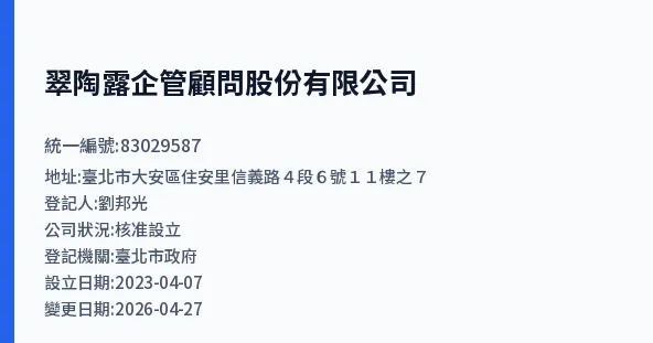 翠陶露企管顧問股份有限公司的照片-統編 83029587(臺北市) 公司登記資料與營業項目詳細圖表
