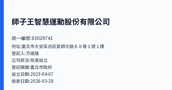 師子王智慧運動股份有限公司的照片-統編 83029741(臺北市) 公司登記資料與營業項目詳細圖表