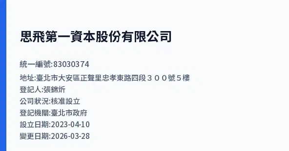 思飛第一資本股份有限公司的照片-統編 83030374(臺北市) 公司登記資料與營業項目詳細圖表