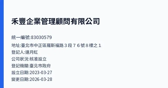 禾豐企業管理顧問有限公司的照片-統編 83030579(臺北市) 公司登記資料與營業項目詳細圖表