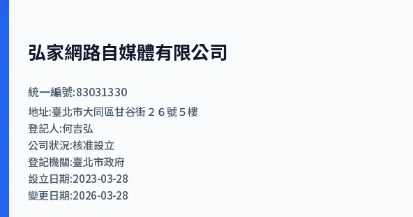 弘家網路自媒體有限公司的照片-統編 83031330(臺北市) 公司登記資料與營業項目詳細圖表