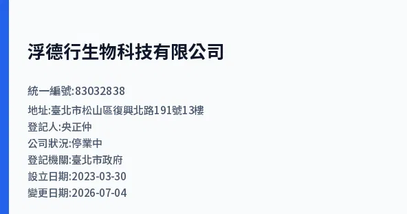 浮德行生物科技有限公司的照片-統編 83032838(臺北市) 公司登記資料與營業項目詳細圖表