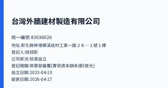 台灣外牆建材製造有限公司的照片-統編 83036026(彰化縣) 公司登記資料與營業項目詳細圖表