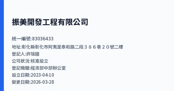 振美開發工程有限公司的照片-統編 83036433(彰化縣) 公司登記資料與營業項目詳細圖表