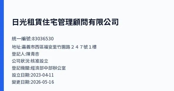 日光租賃住宅管理顧問有限公司的照片-統編 83036530(嘉義市) 公司登記資料與營業項目詳細圖表