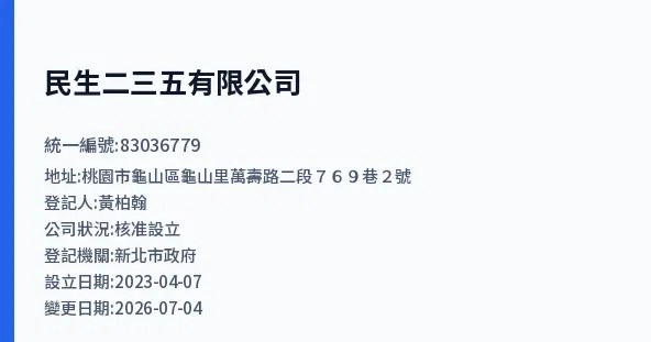 民生二三五有限公司的照片-統編 83036779(新北市) 公司登記資料與營業項目詳細圖表