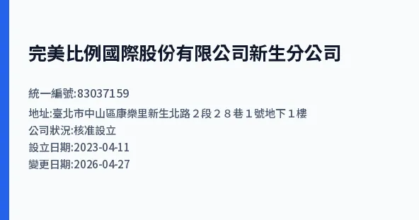 完美比例國際股份有限公司新生分公司的照片-統編 83037159(臺北市) 公司登記資料與營業項目詳細圖表