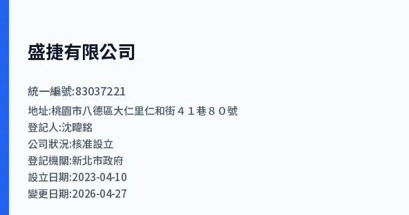 盛捷有限公司的照片-統編 83037221(桃園市) 公司登記資料與營業項目詳細圖表