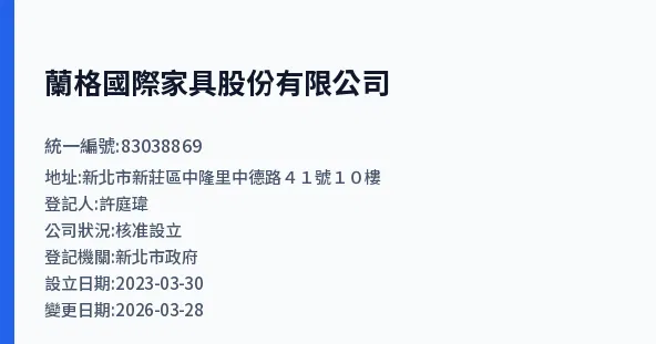 蘭格國際家具股份有限公司的照片-統編 83038869(新北市) 公司登記資料與營業項目詳細圖表