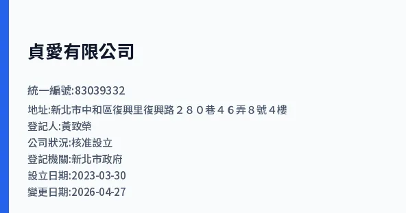 貞愛有限公司的照片-統編 83039332(新北市) 公司登記資料與營業項目詳細圖表