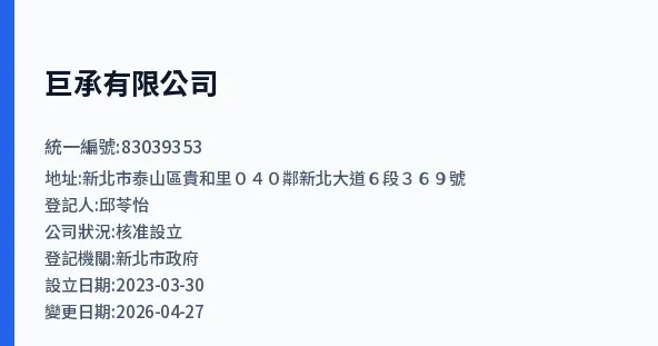 巨承有限公司的照片-統編 83039353(新北市) 公司登記資料與營業項目詳細圖表