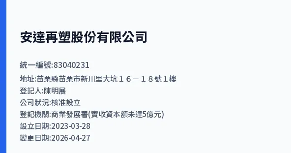 安達再塑股份有限公司的照片-統編 83040231(苗栗縣) 公司登記資料與營業項目詳細圖表