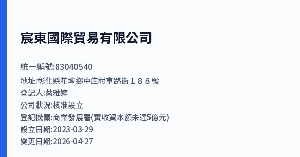 宸東國際貿易有限公司的照片-統編 83040540(彰化縣) 公司登記資料與營業項目詳細圖表