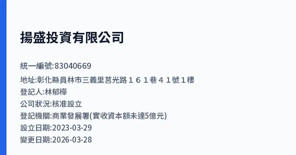 揚盛投資有限公司的照片-統編 83040669(彰化縣) 公司登記資料與營業項目詳細圖表