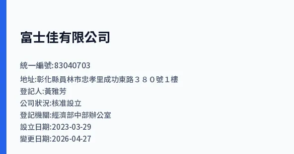 富士佳有限公司的照片-統編 83040703(彰化縣) 公司登記資料與營業項目詳細圖表