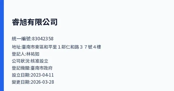 睿旭有限公司的照片-統編 83042358(臺南市) 公司登記資料與營業項目詳細圖表