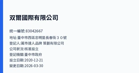 双爾國際有限公司的照片-統編 83042667(臺中市) 公司登記資料與營業項目詳細圖表