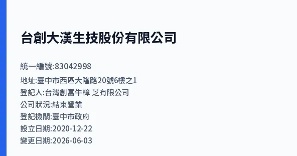 台創大漢生技股份有限公司的照片-統編 83042998(臺中市) 公司登記資料與營業項目詳細圖表