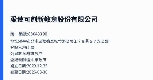 愛使可創新教育股份有限公司的照片-統編 83043390(臺中市) 公司登記資料與營業項目詳細圖表