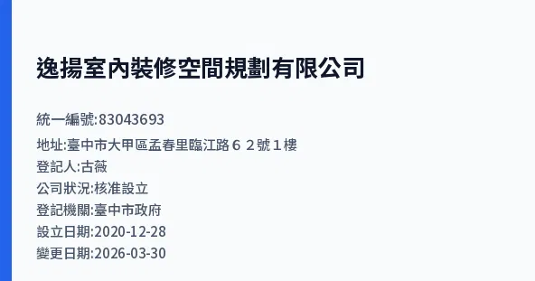 逸揚室內裝修空間規劃有限公司的照片-統編 83043693(臺中市) 公司登記資料與營業項目詳細圖表